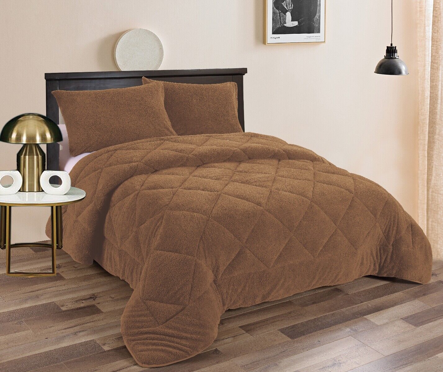 3 Piece Fleece Comforter Set Camel – coverlet heaven