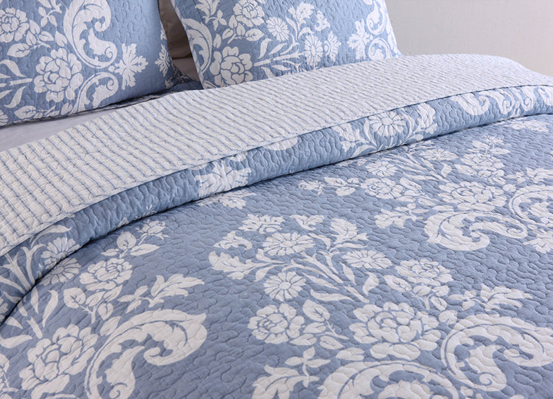 100% Cotton Quilted Coverlet Set - Damask Blue – coverlet heaven