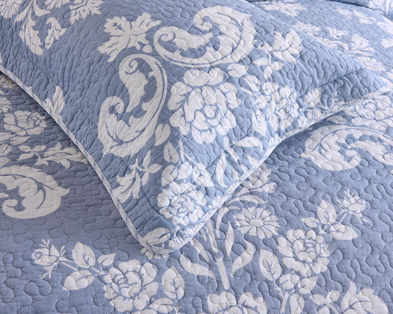100% Cotton Quilted Coverlet Set - Damask Blue – coverlet heaven