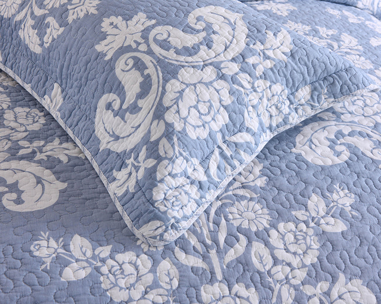 100% Cotton Quilted Coverlet Set - Damask Blue – coverlet heaven