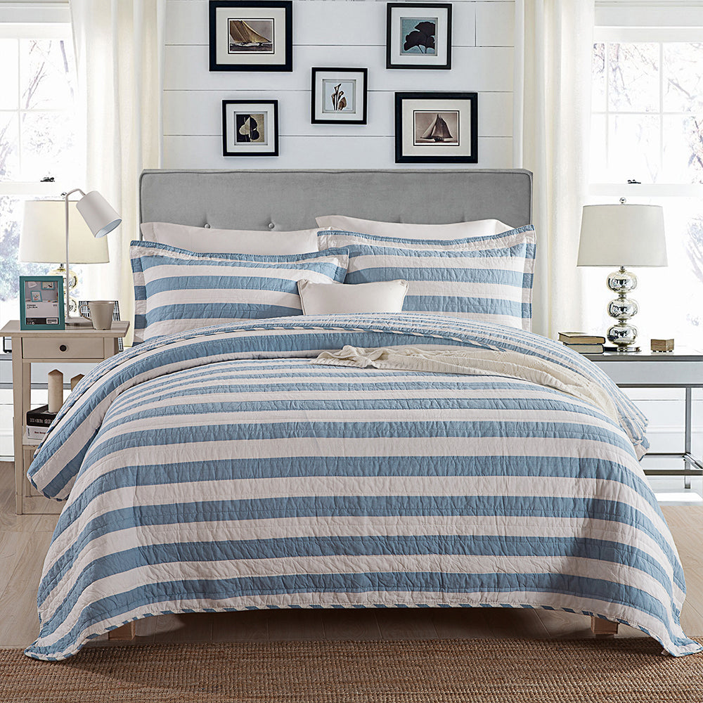 100% Cotton Patchwork Coverlet Set - Blue Stripe – coverlet heaven